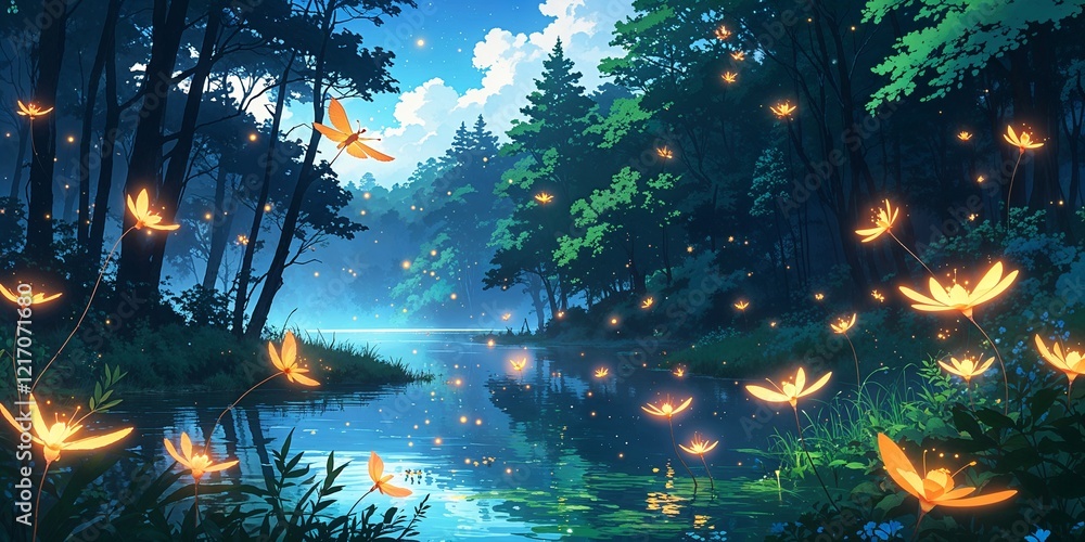 Fireflies swirling around serene forest lake softly on anime background ...