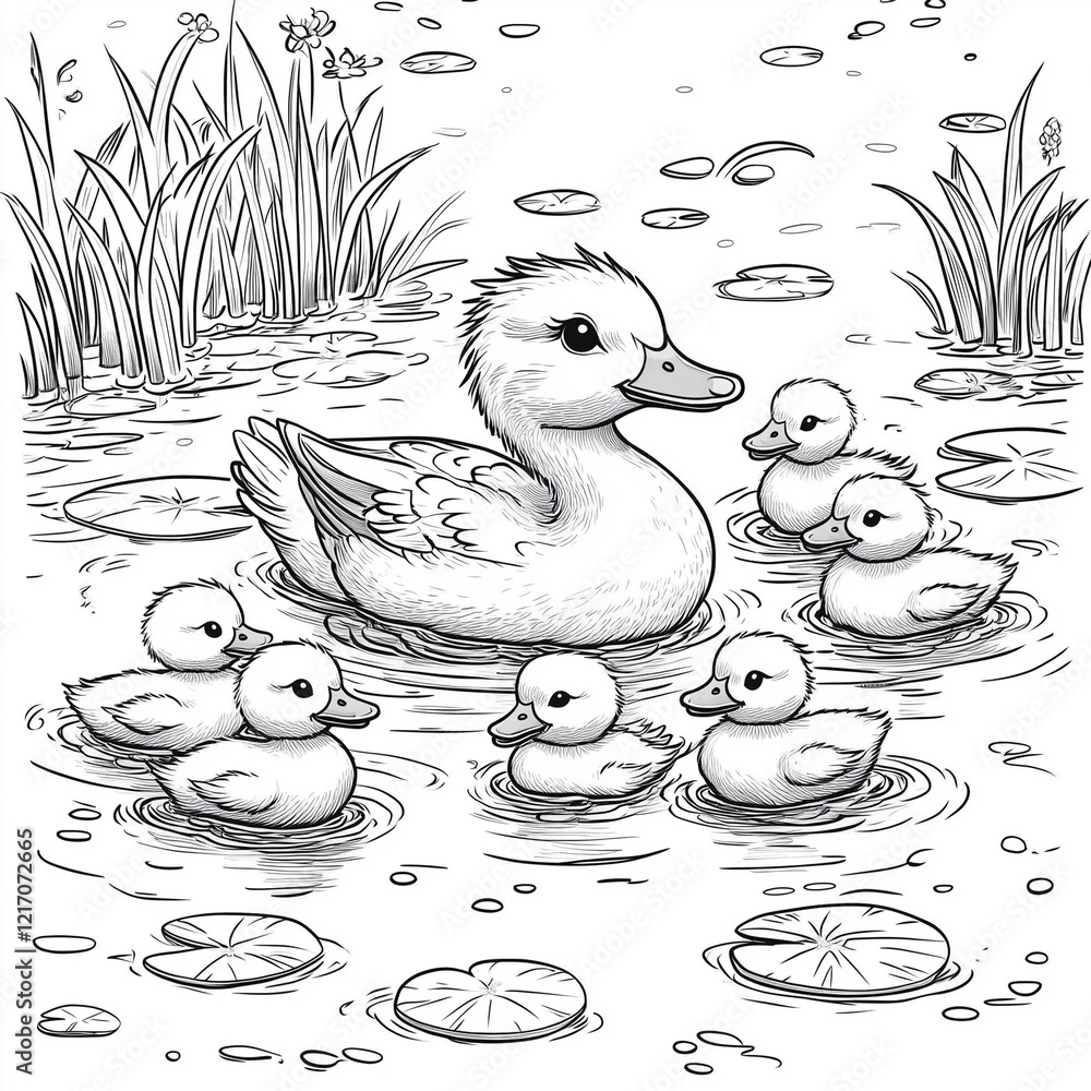 A coloring page with mother duck leading her ducklings across a pond ...