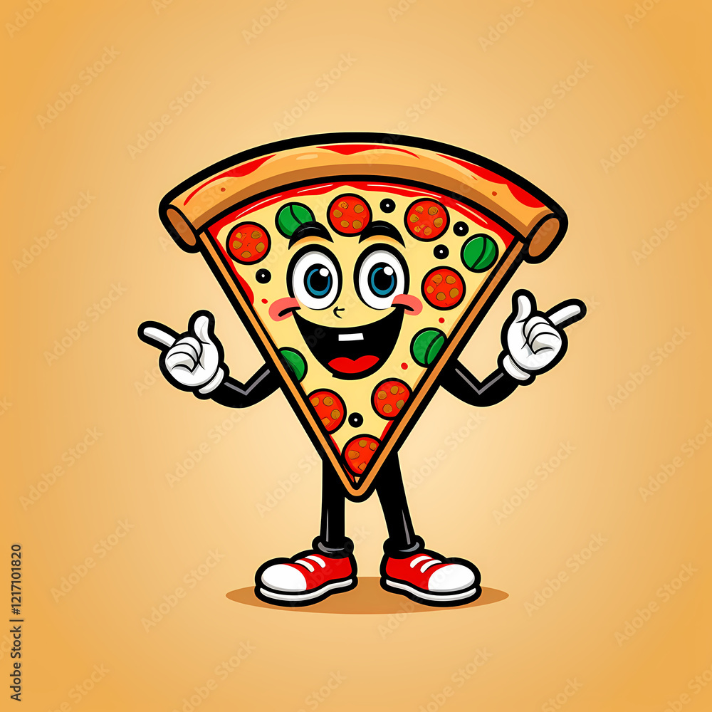 Dancing pizza slice cartoon with green olives and tomato / Rebanada de ...