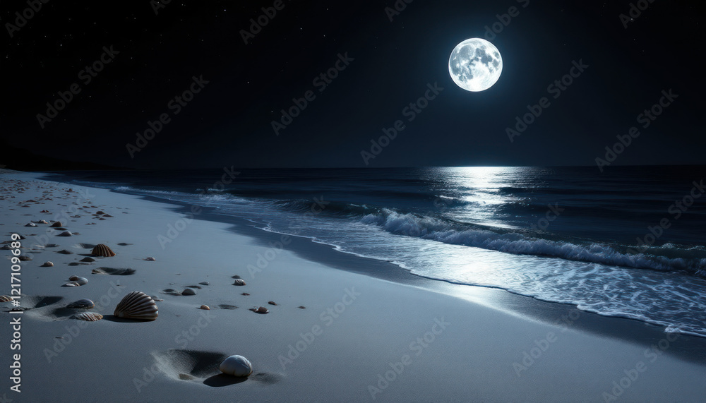 A hyper-realistic scene of a calm beach at night, where the ocean's ...