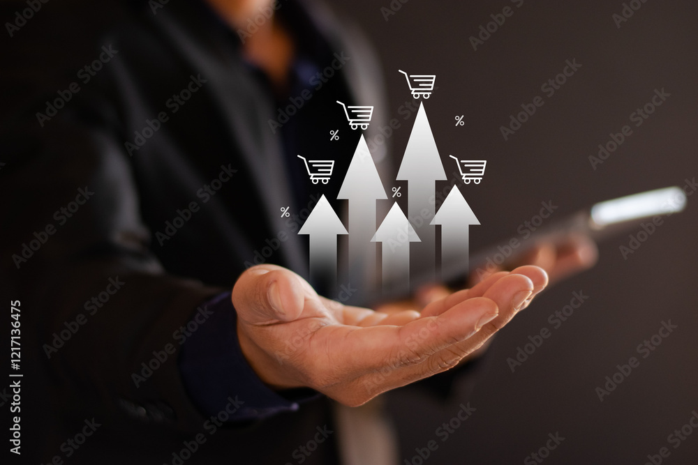 Sales Growth Businessman holding graph showing increase in sales volume ...
