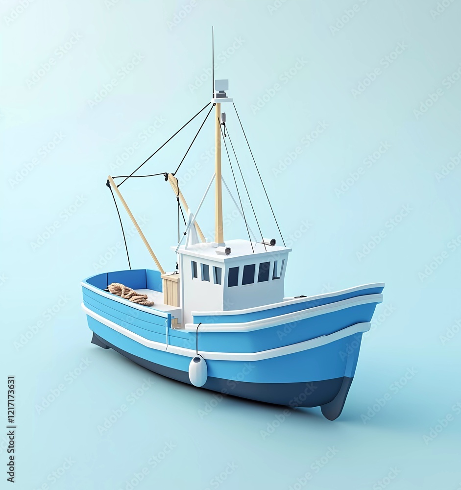 Simple cartoon blue and white fishing boat, isometric view, light ...