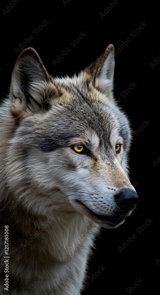 Gray wolf profile with focused eyes on a black background, ideal for ...
