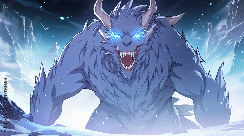 Demonic frost giant monster with blue eyes big teeth grin and glowing ...