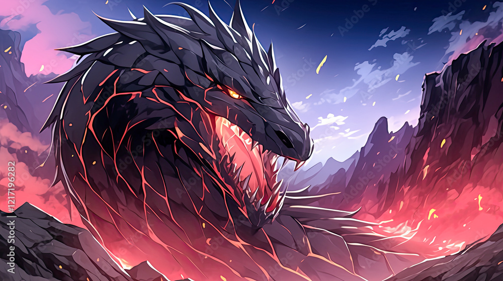 Demonic dragon with red eyes and black face alongside a colossal lava ...