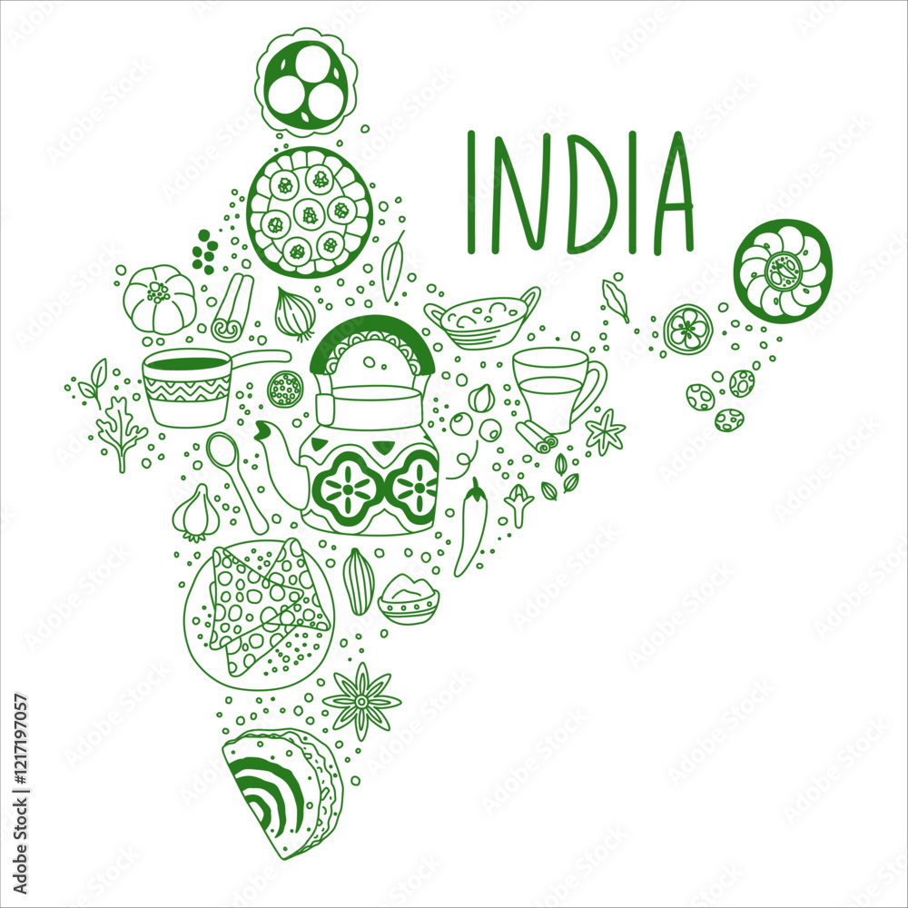 Indian spice food. India map of dishes. Cuisine from vegetable. Masala ...