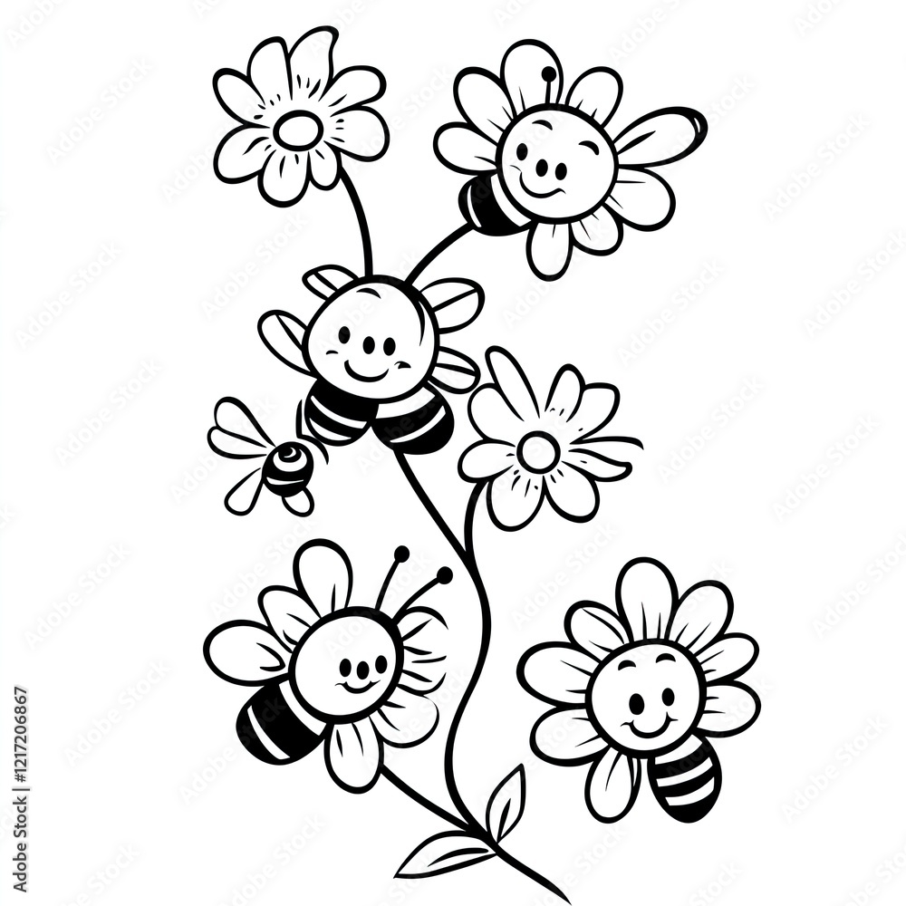 Adorable Daisy Chain with Cartoon Bees Simple Coloring Page ...