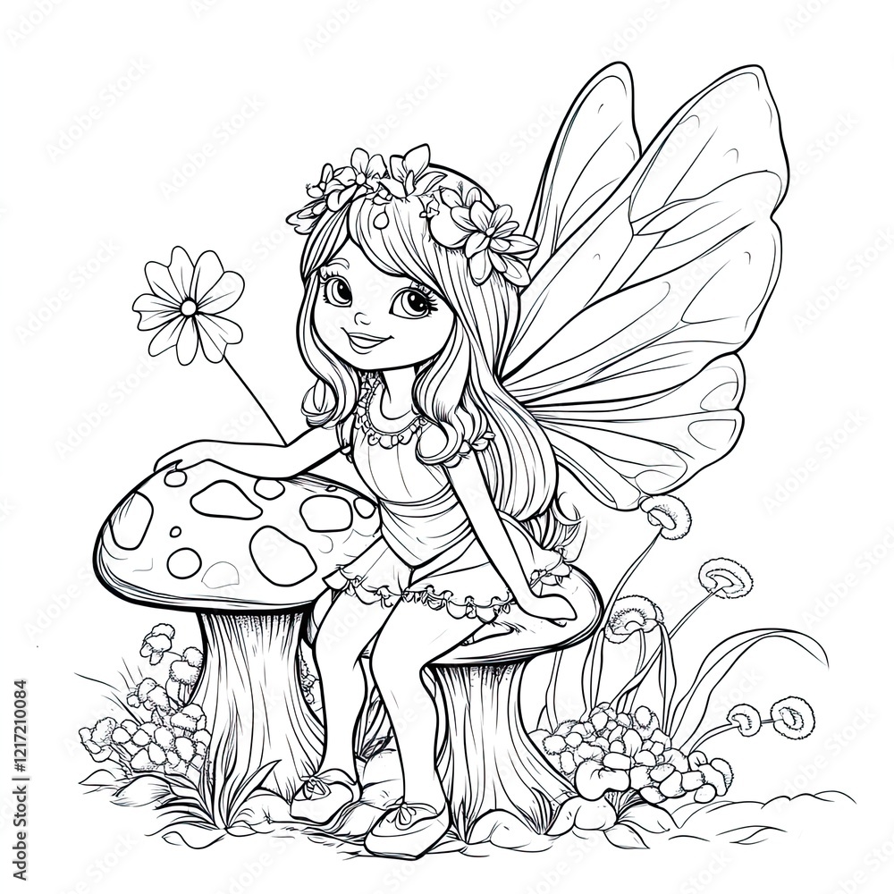Enchanted Fairy on Toadstool Simple Coloring Page Design Stock ...