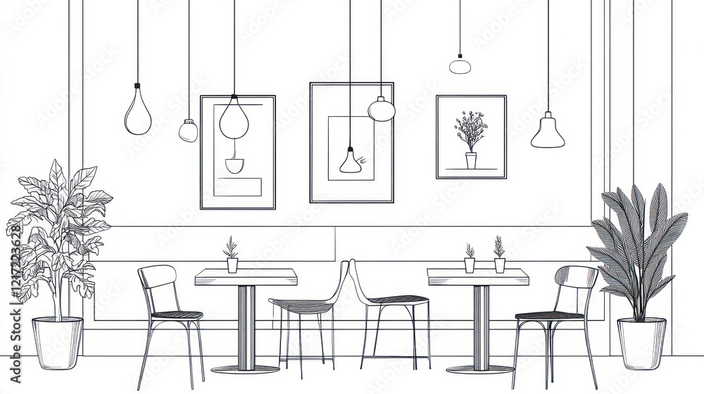 Interior Design Cafe Sketch, Modern Cafe Line Drawing, Restaurant ...