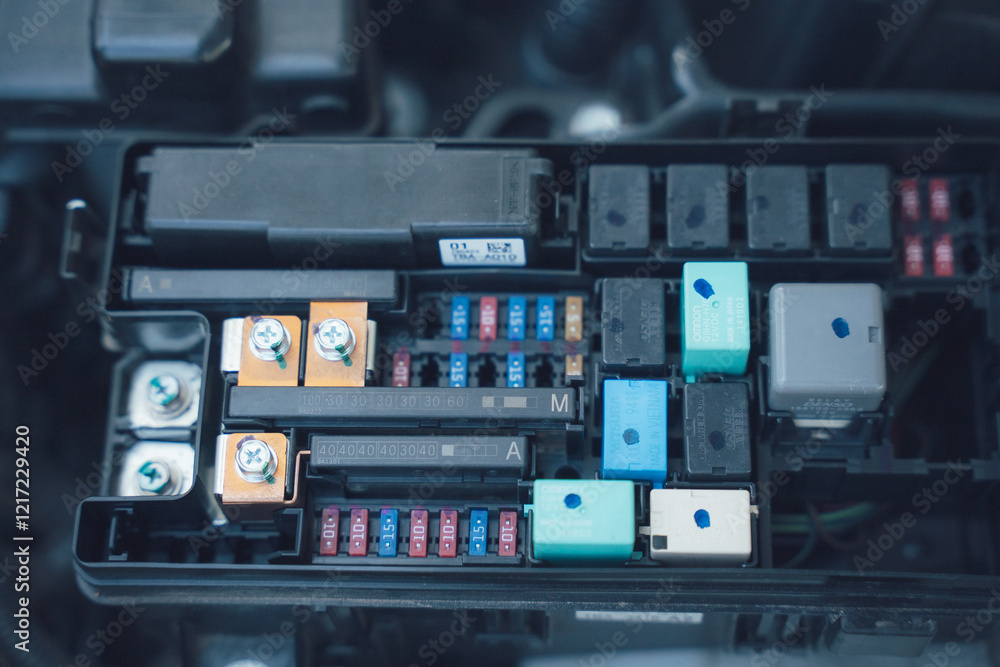 Automotive Fuse Box Close-up: Detailed view of an open automotive fuse ...