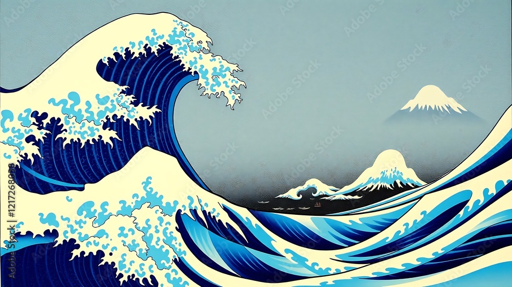 Ukiyo-e style, The Great Wave off Kanagawa, Mount Fuji, dramatic wave ...