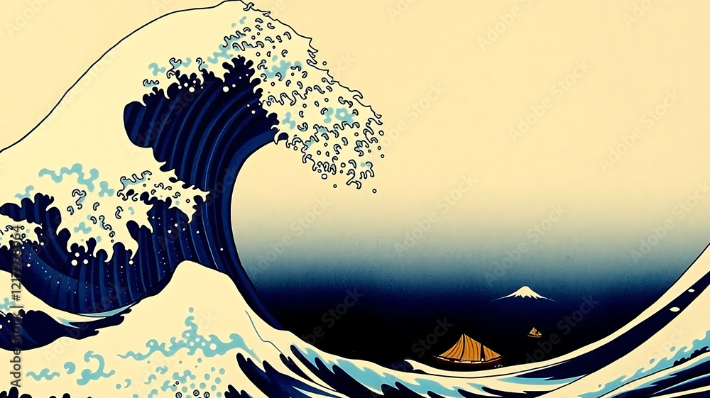 Ukiyo-e style, The Great Wave off Kanagawa, Mount Fuji, dramatic wave ...
