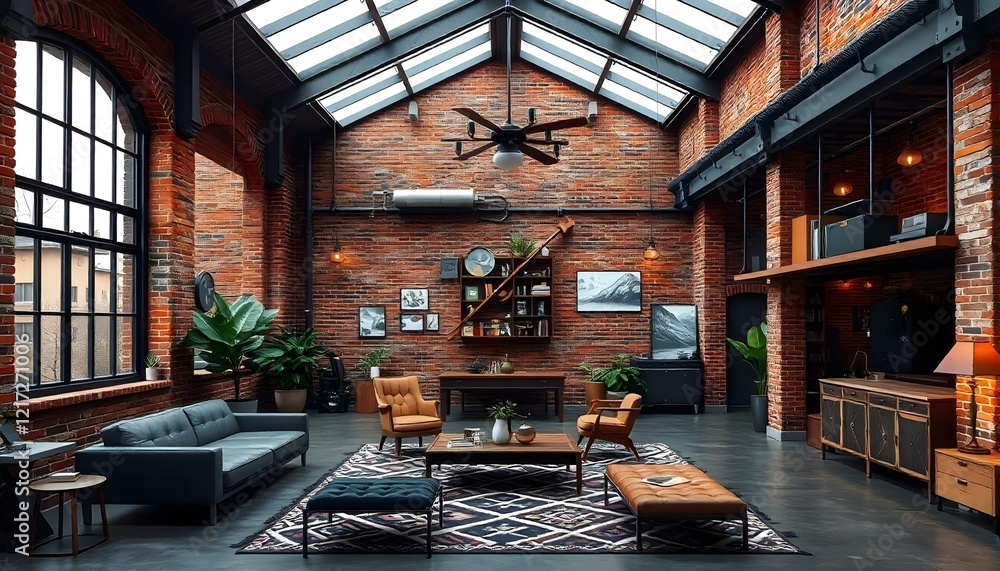 A modern loft-style interior with exposed brick walls, industrial ...