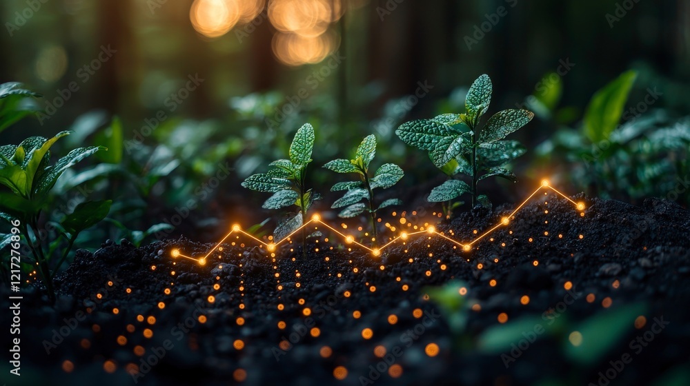 New plants grow from rich soil, depicted with glowing data metrics ...