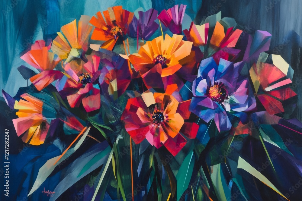 Contemporary painting of colorful flowers with large petals, depicted ...