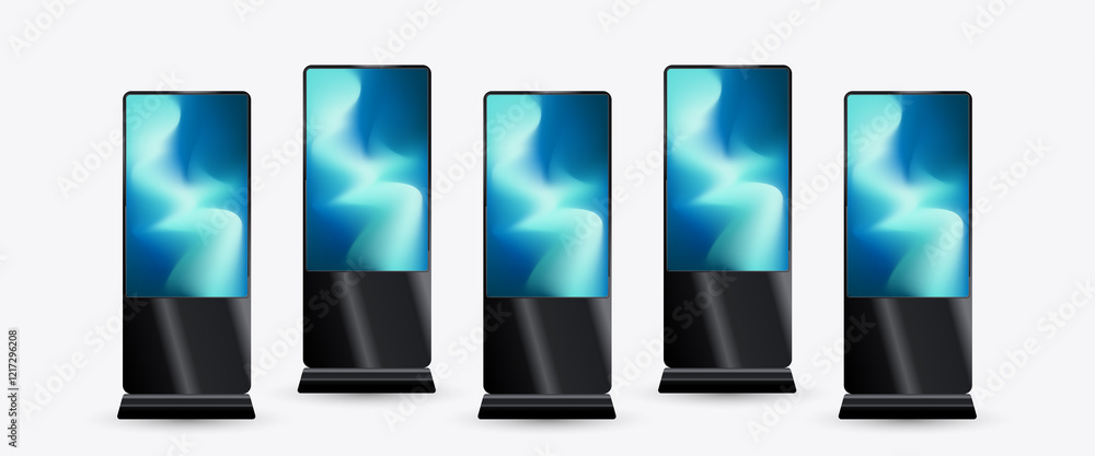 Set of five mock up modern LED TV Screen with gradient blue screen. and ...