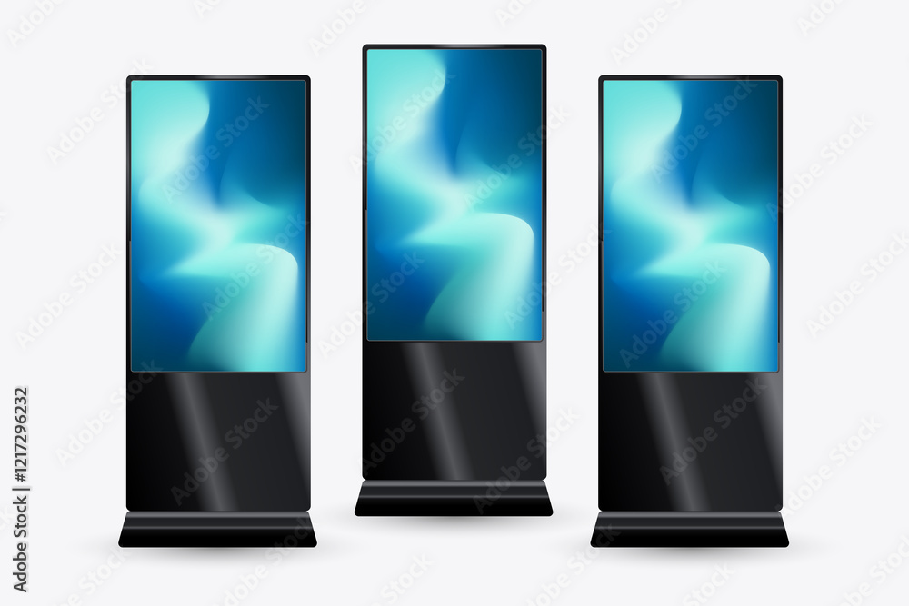 Three mock up of modern LED TV Screens with gradient blue screen. and ...