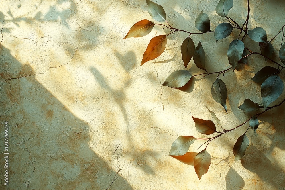 Shadowplay of leaves and sunlight on a beige backdrop. Featuring ...