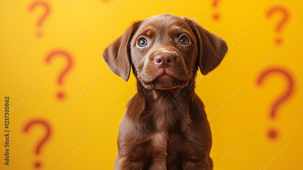 curious puppy in front of vibrant yellow background with question marks ...