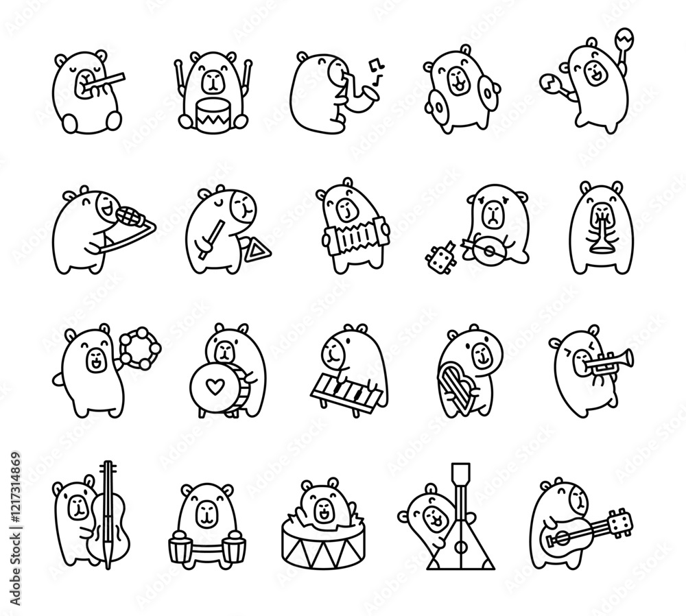 Adorable capybara orchestra set featuring, wind, string instruments ...