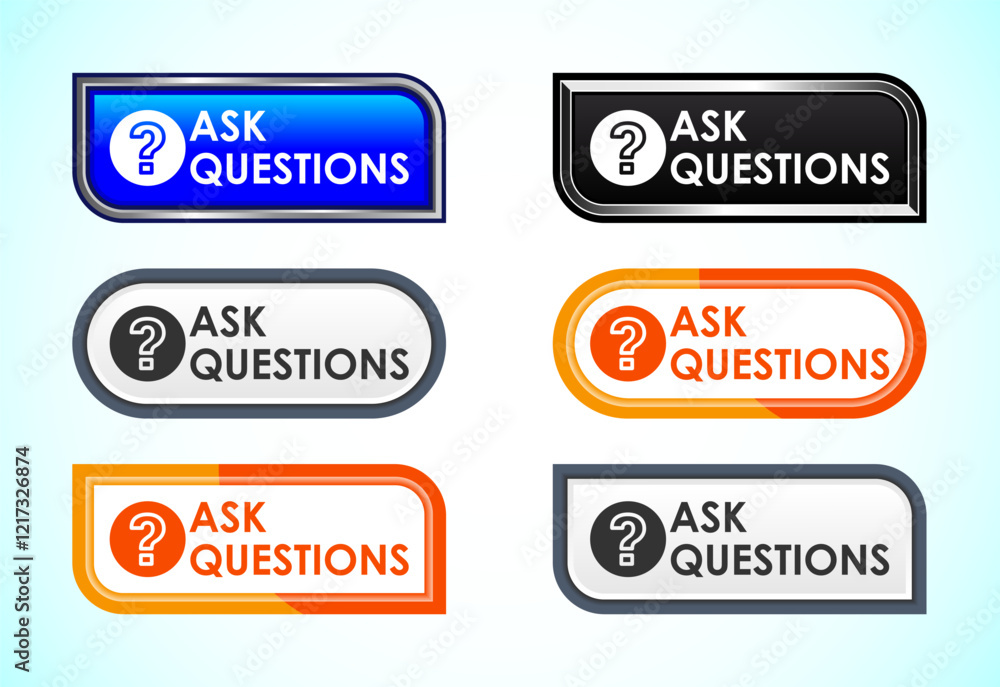 Ask questions button set of different shapes and colors. Suitable for mobile app, and website UI ...