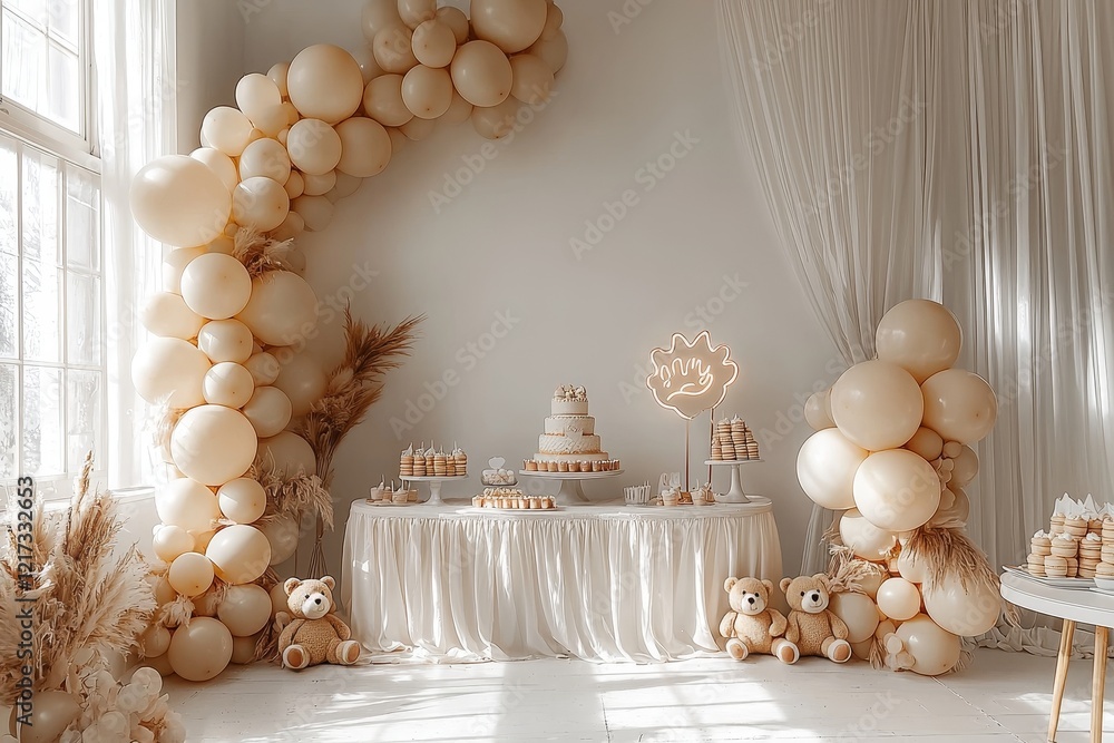 Arch with bears. Trendy cake for a baptism celebration. Delicious reception for a birthday party ...