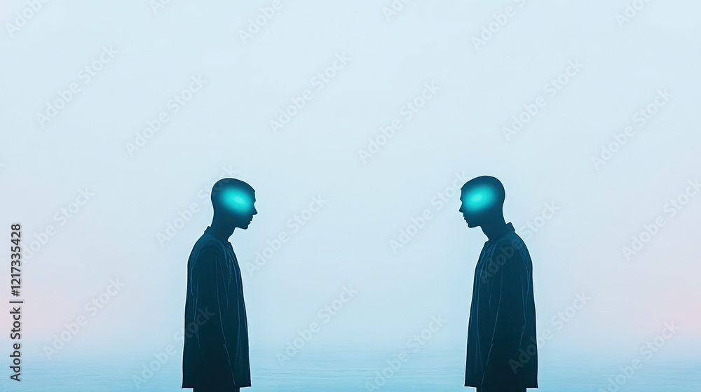 conceptual artwork featuring two identical silhouetted human figures ...