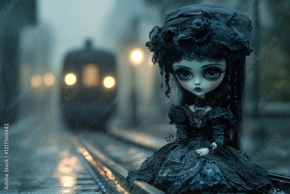Gothic doll sitting on railroad tracks in rain as train approaches ...