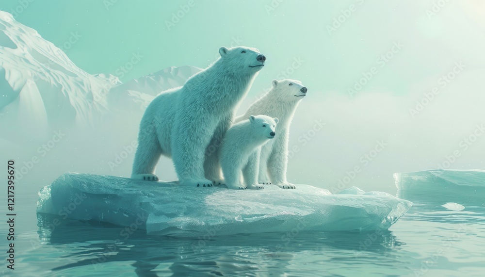 Three polar bears stand on an ice floe, surrounded by a serene, icy ...