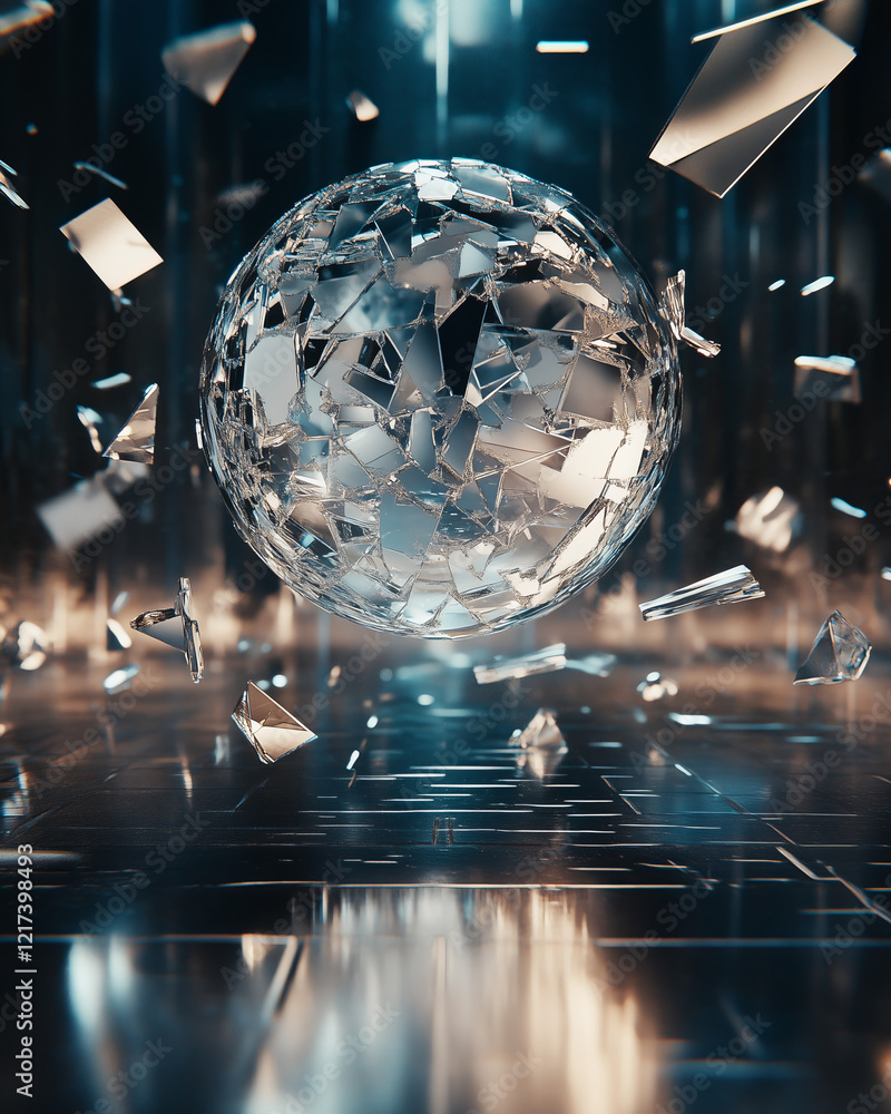 Shattered Glass Sphere Floating in a Futuristic Digital Environment ...