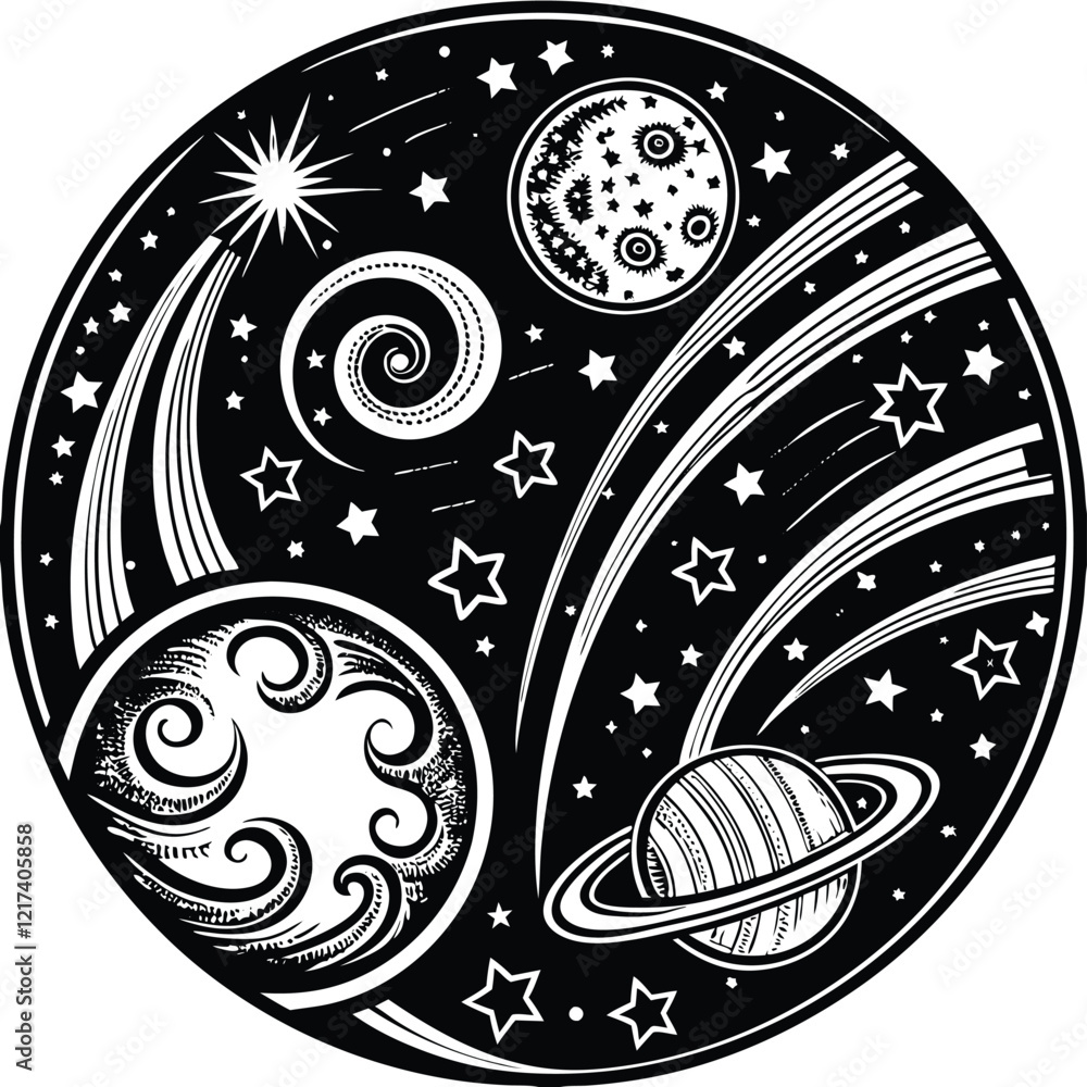 Celestial Galaxy Scene A stunning line art of a galaxy with planets ...