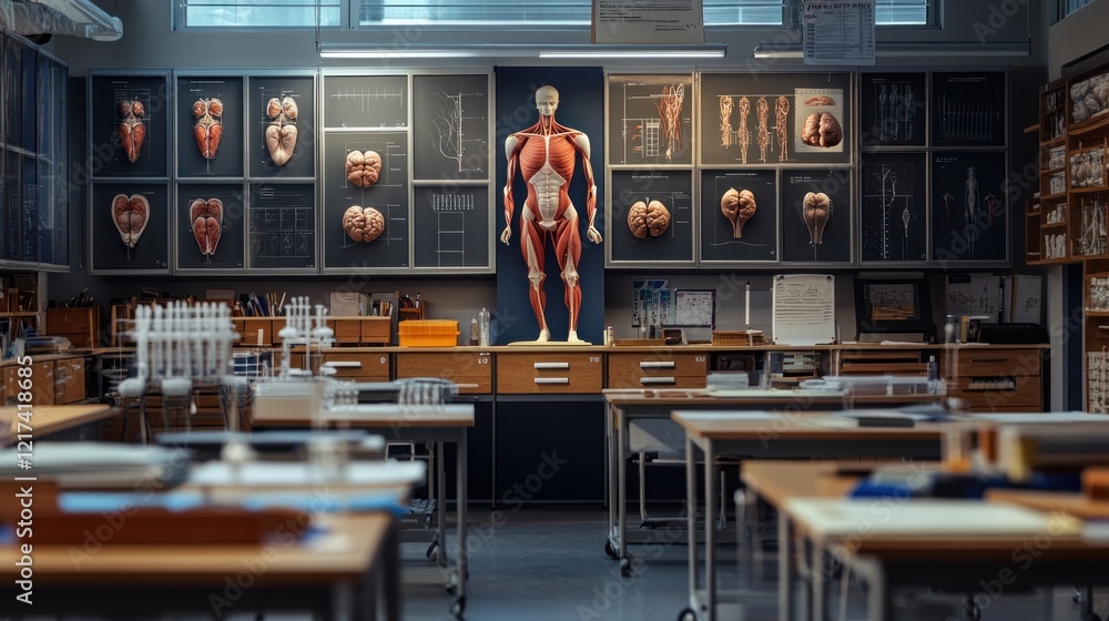 Ilustración de Stock Anatomy classroom with human torso model and ...