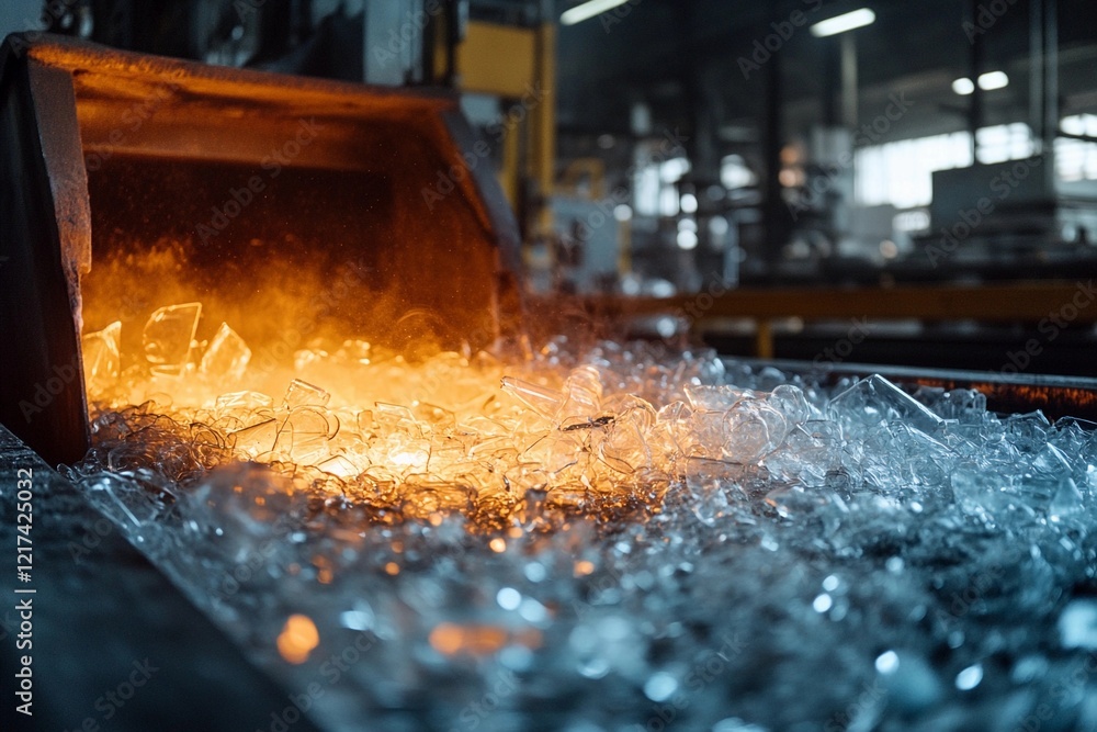 Liquid glass pouring from a furnace into molds in a manufacturing ...