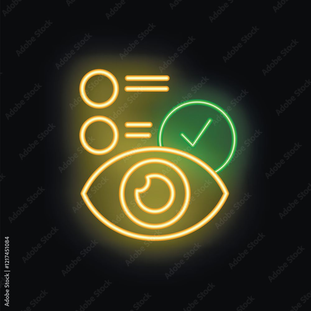 Neon icon of an eye tracking the completion of tasks, symbolized by a ...