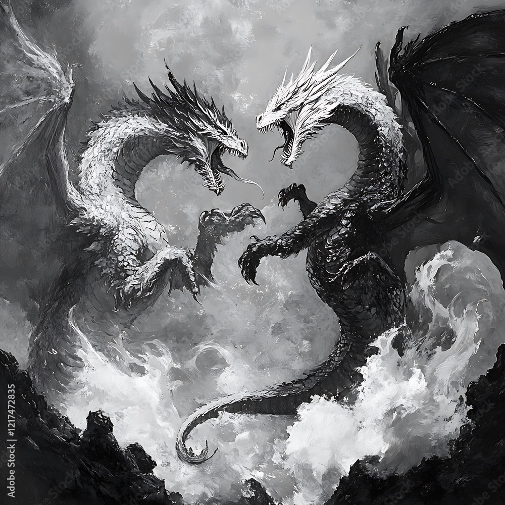 Epic artwork of fire breathing dragons and armored knights in battle ...