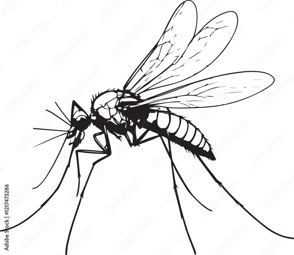Mosquito Insect Sketch Drawing Linear Line Art Black and White Outline ...