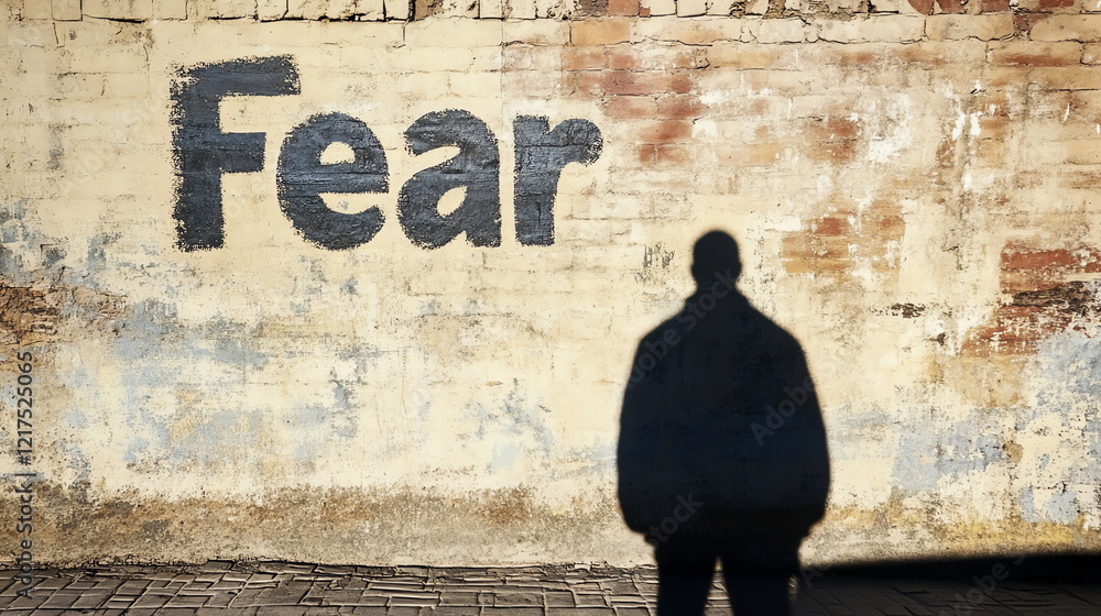 Silhouette against fear text wall. Used in fear management and anxiety ...