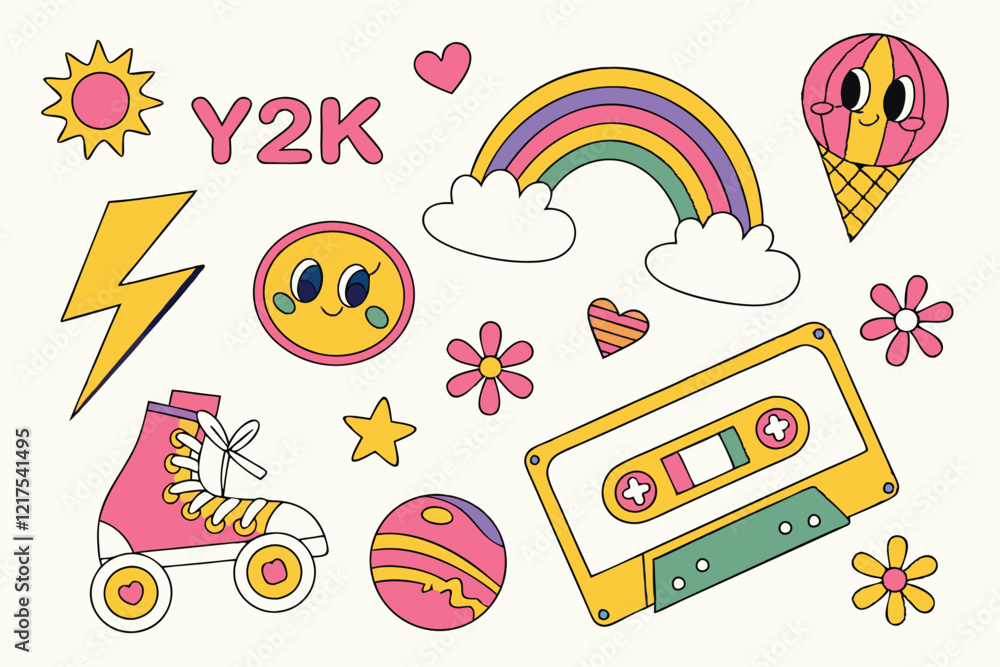 Colorful stickers, neon signs, retro emojis, pop art style, vibrant ...