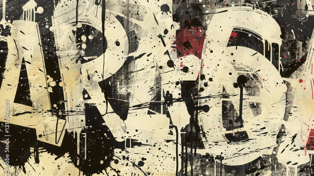 A vintage-style poster with bad ink print text effect, featuring rough, distorted letters and ...