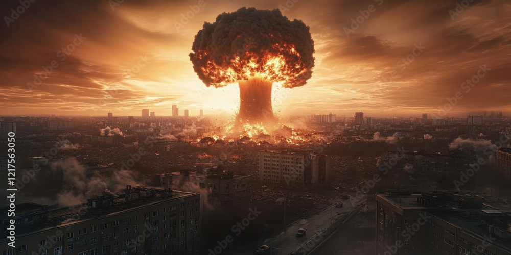 Nuclear weapon. Explosion of a nuclear bomb over a city destroyed by ...