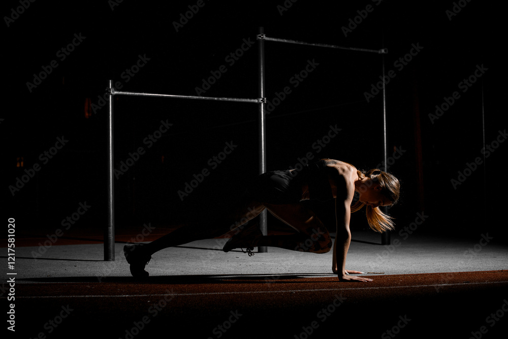 Female athlete stands in a horizontal position on her toes and toes ...