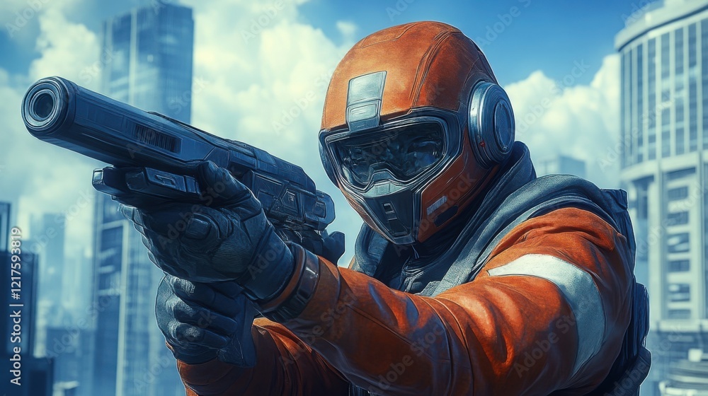 Soldier in futuristic tactical gear aiming a shotgun in a sci-fi urban ...