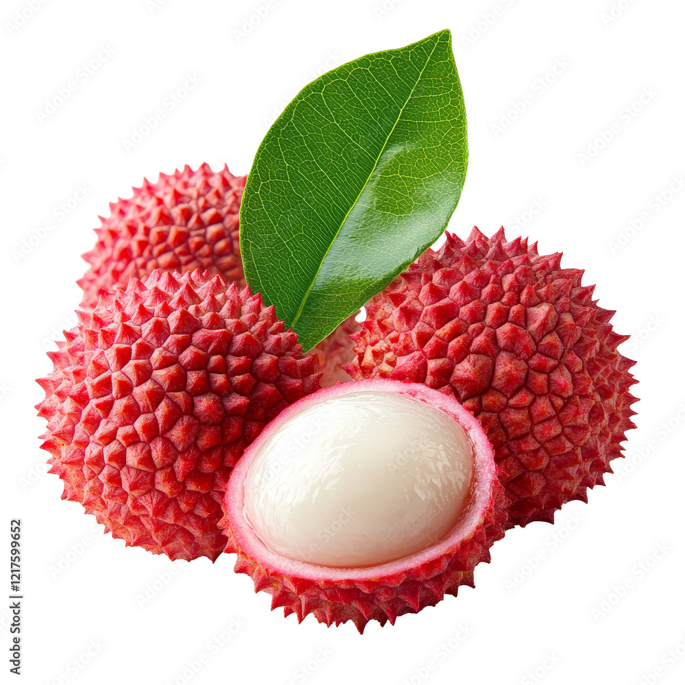 Fresh lychee fruit with green leaf isolated on transparent background ...