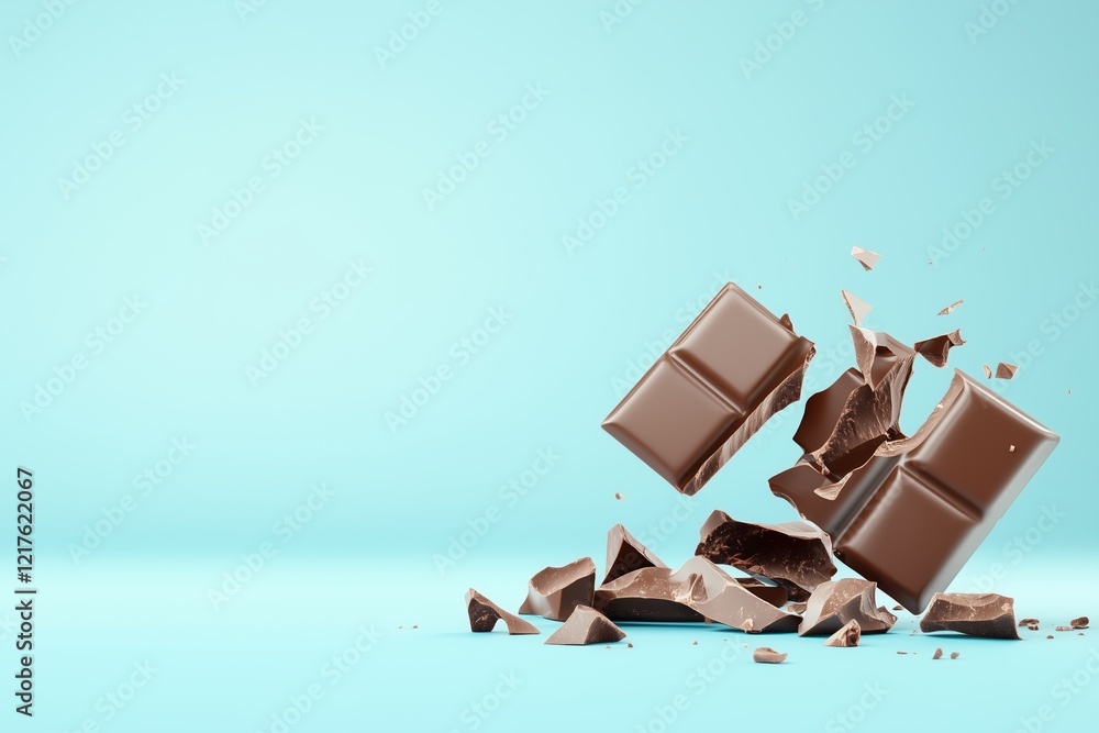 Broken chocolate bar pieces flying against a light blue background ...