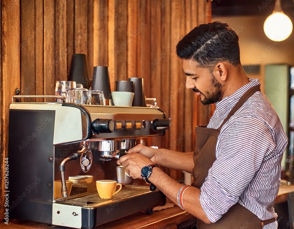 Un barista preparando una café en una maquina expresso, en una ...