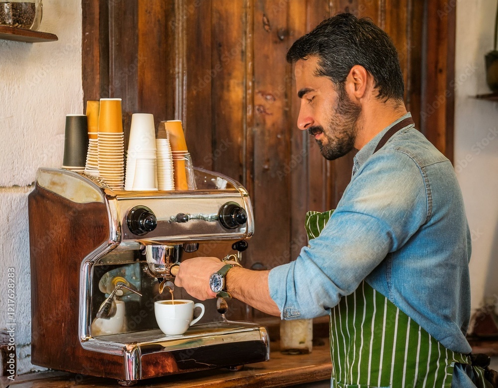 Un barista preparando una café en una maquina expresso, en una ...