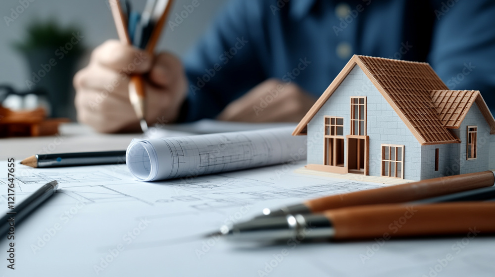 Modeling a future home with architectural plans and tools Stock Photo ...