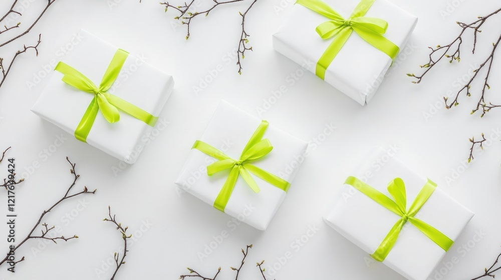 Holiday gift boxes with neon green ribbons on white background ...