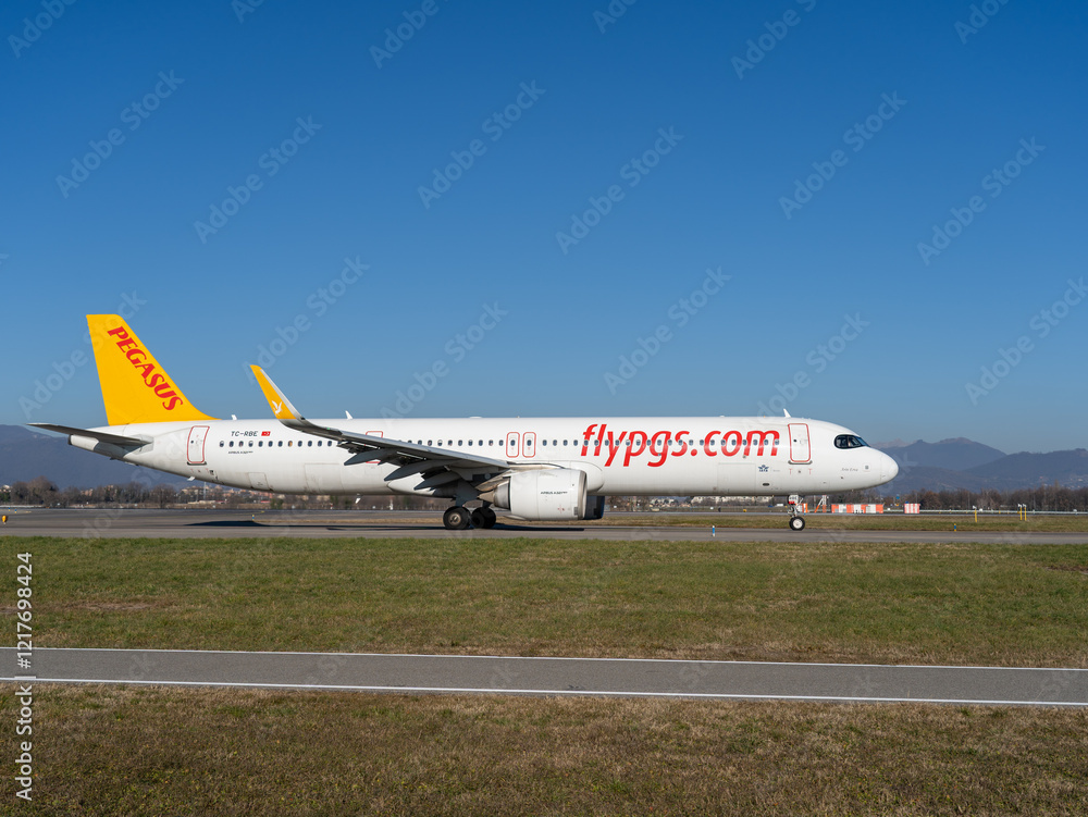 Pegasus Flypgs Airlines Airbus A321 neo is taxiing at BGY Bergamo Milano international Airport ...