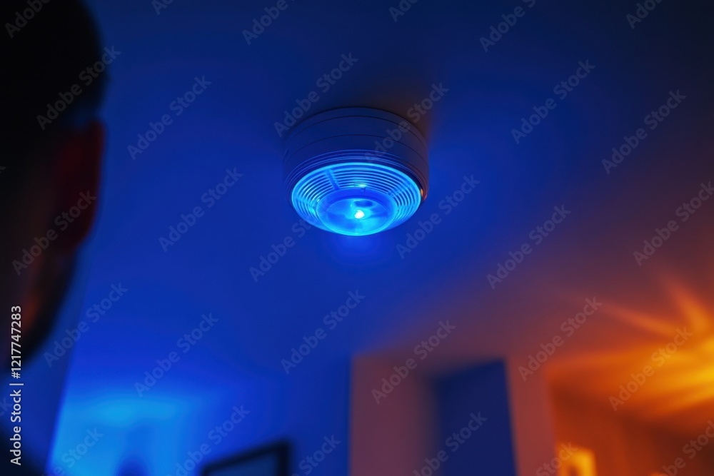 Bright blue light emitted from a ceiling smoke detector in a dimly lit ...